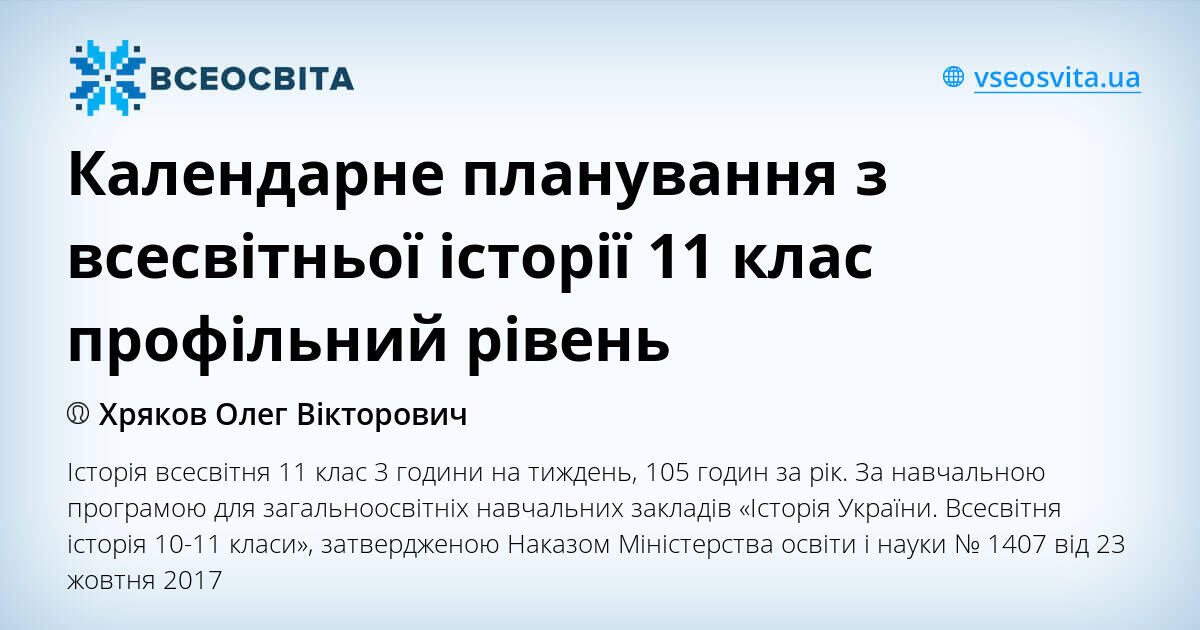 Календарне планування з всесвітньої історії 11 клас профільний рівень