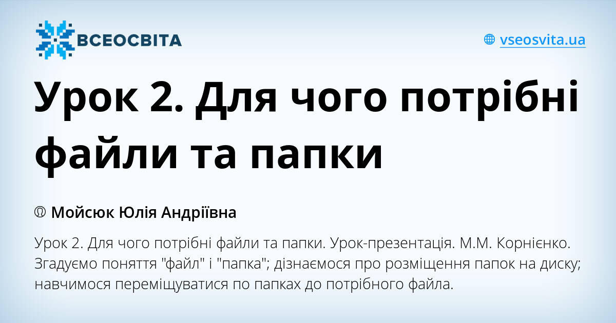 Урок 2. Для чого потрібні файли та папки | Презентація. Інформатика