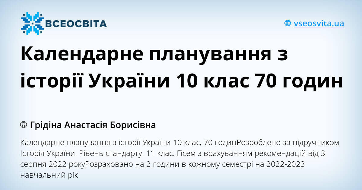Календарне планування з історії України 10 клас 70 годин Робоча програма Історія України