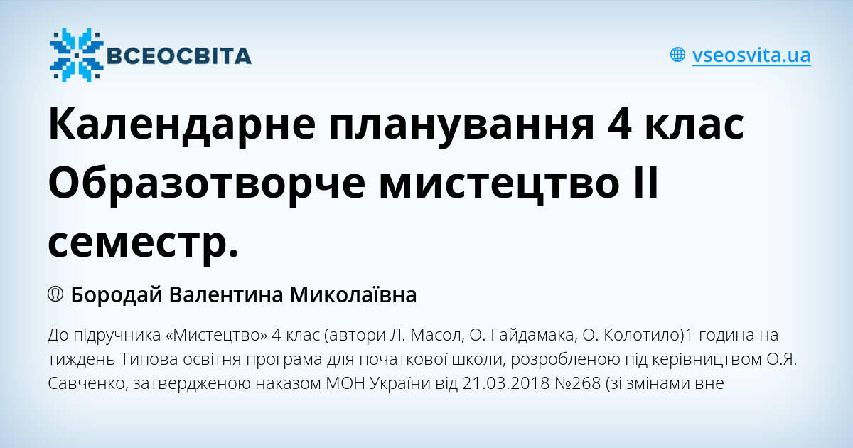 Календарне планування 4 клас Образотворче мистецтво ІІ семестр КТП Образотворче мистецтво