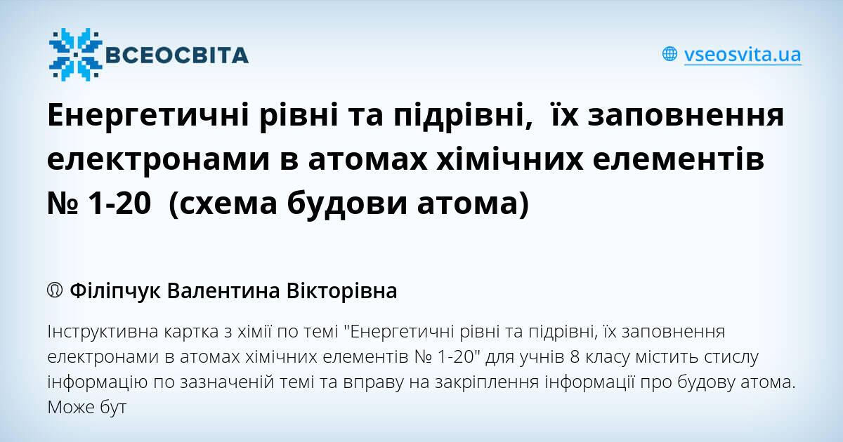 Енергетичні рівні та підрівні їх заповнення електронами в атомах хімічних елементів № 1 20