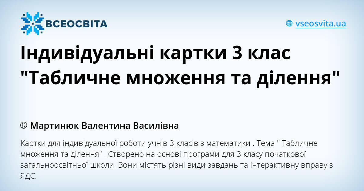 Індивідуальні картки 3 клас Табличне множення та ділення Математика