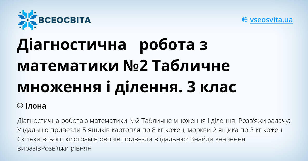 Діагностична робота з математики №2 Табличне множення і ділення 3 клас