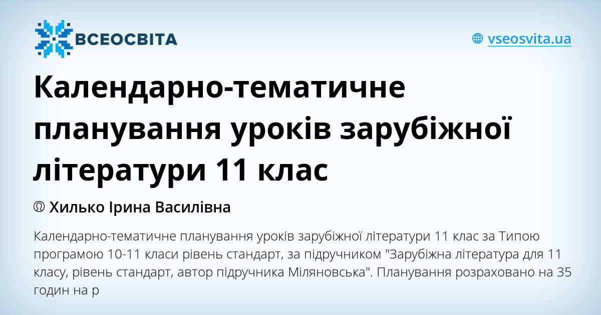 Календарно тематичне планування уроків зарубіжної літератури 11 клас Різне