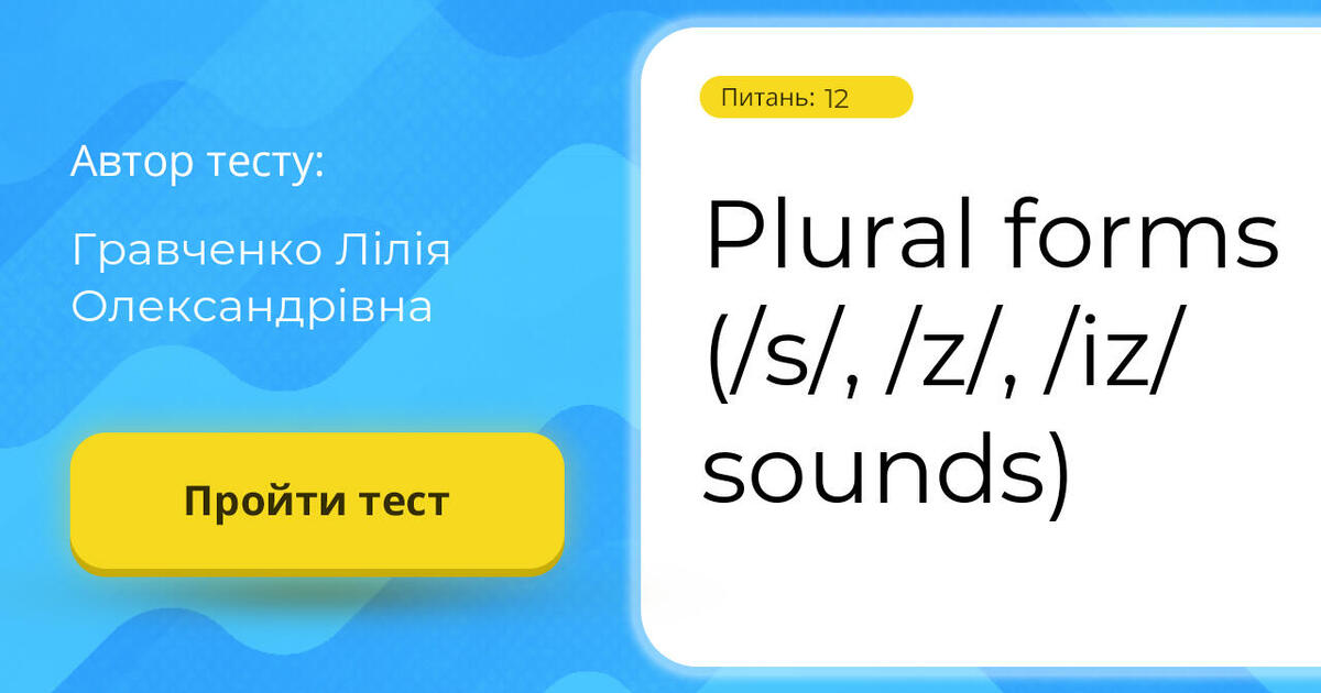 Plural forms (/s/, /z/, /iz/ sounds) | Тест на 12 запитань. Англійська мова