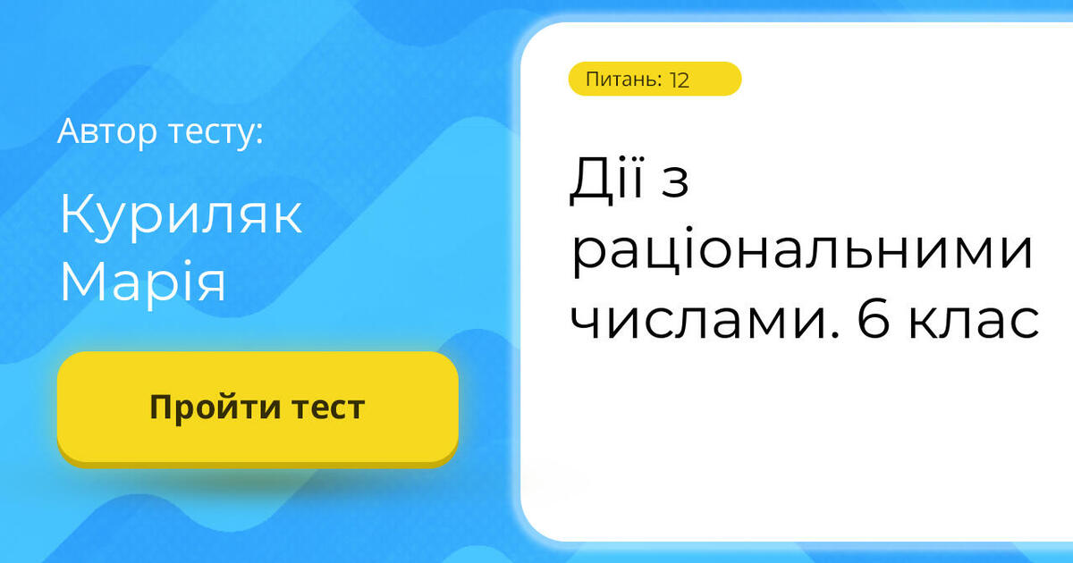 Дії з раціональними числами 6 клас Тест на 12 запитань Математика