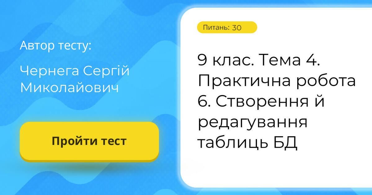 9 клас Тема 4 Практична робота 6 Створення й редагування таблиць БД Тест на 30 запитань