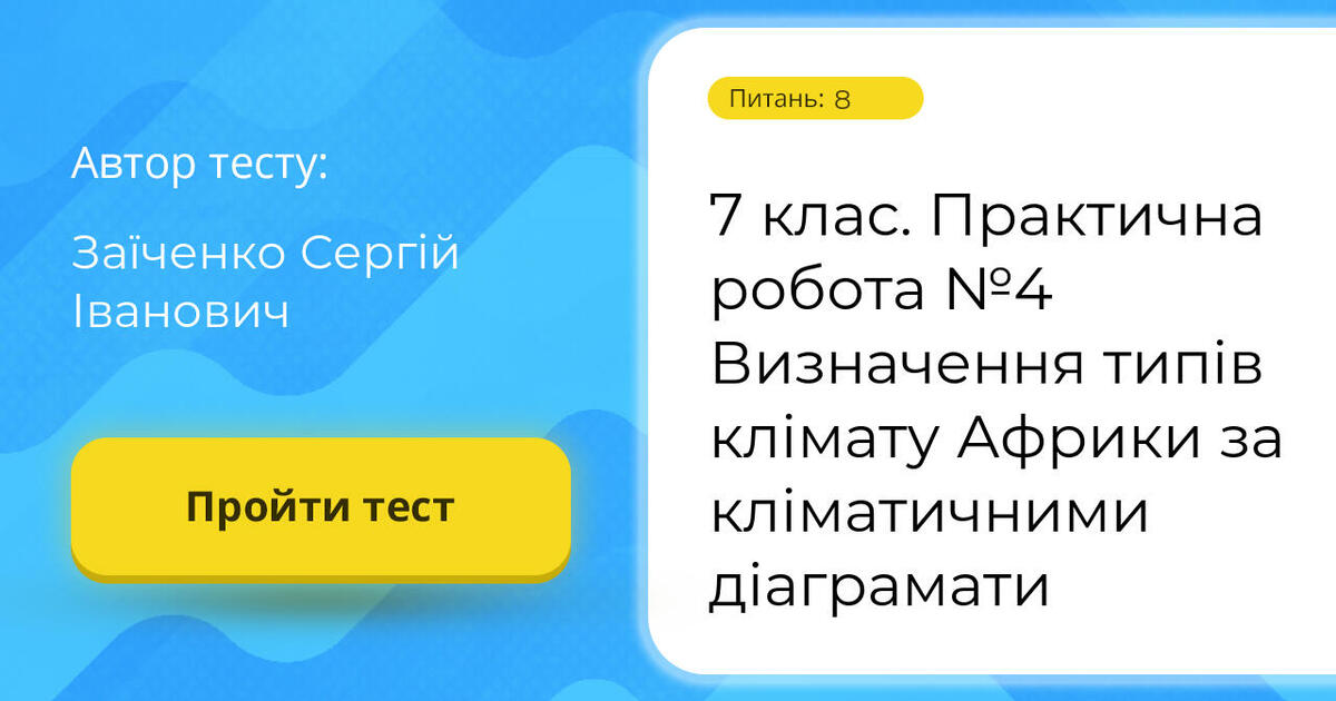 7 клас Практична робота №4 Визначення типів клімату Африки за кліматичними діаграмати Тест на